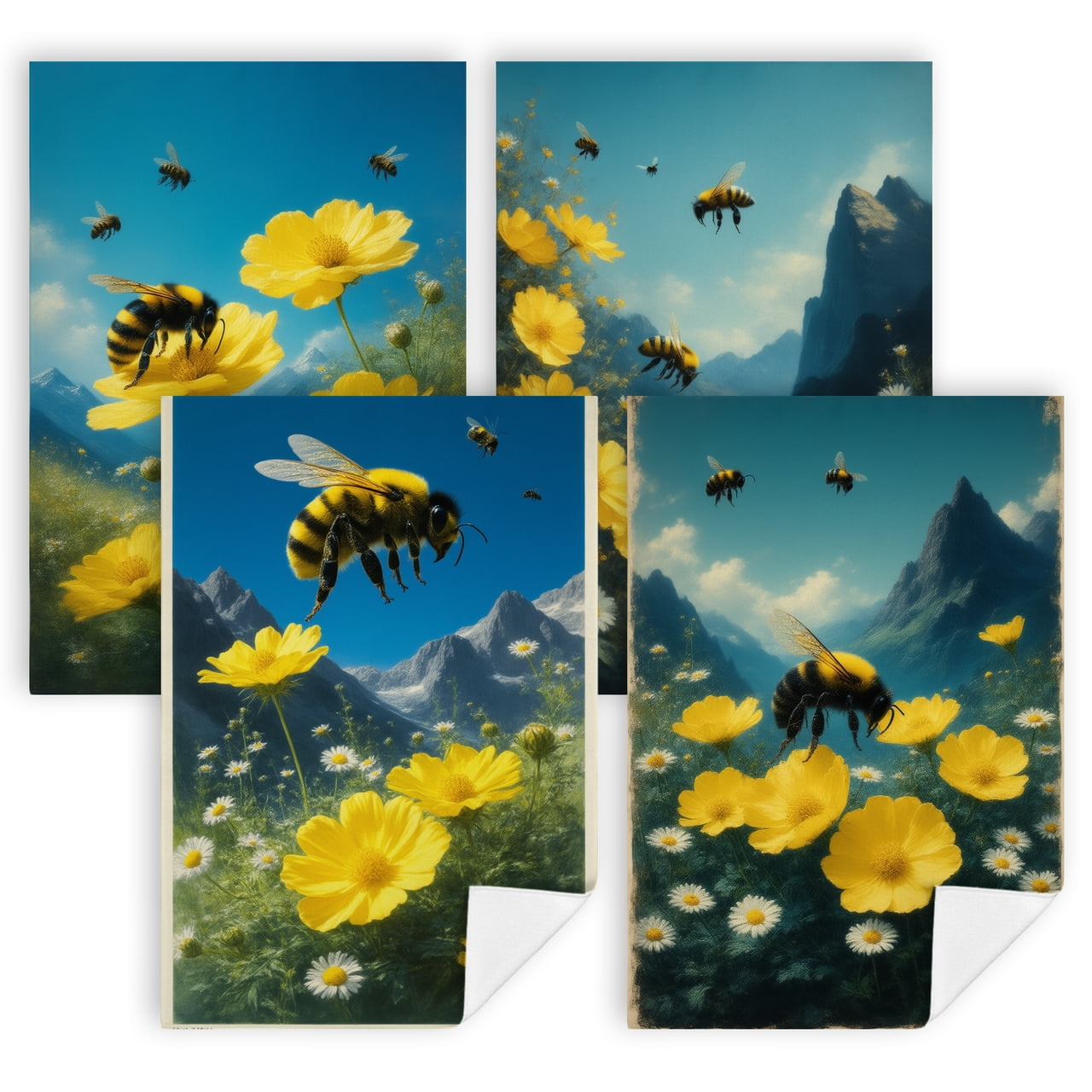 A painting of a bee on a yellow flower surrounded by beeskitchen ...