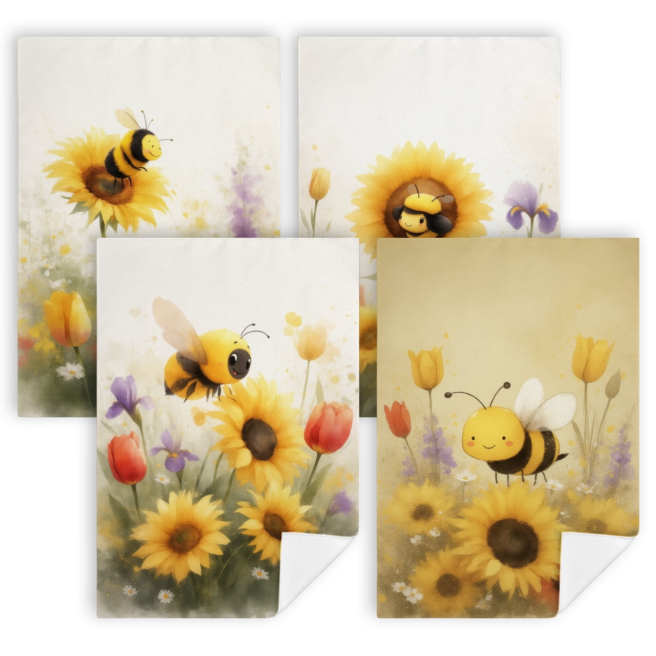 A painting of a bee sitting on a sunflower in a field of flowerskitchen ...