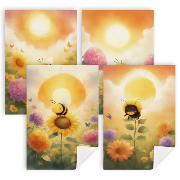 A painting of a bee sitting on a sunflower surrounded by flowershand ...