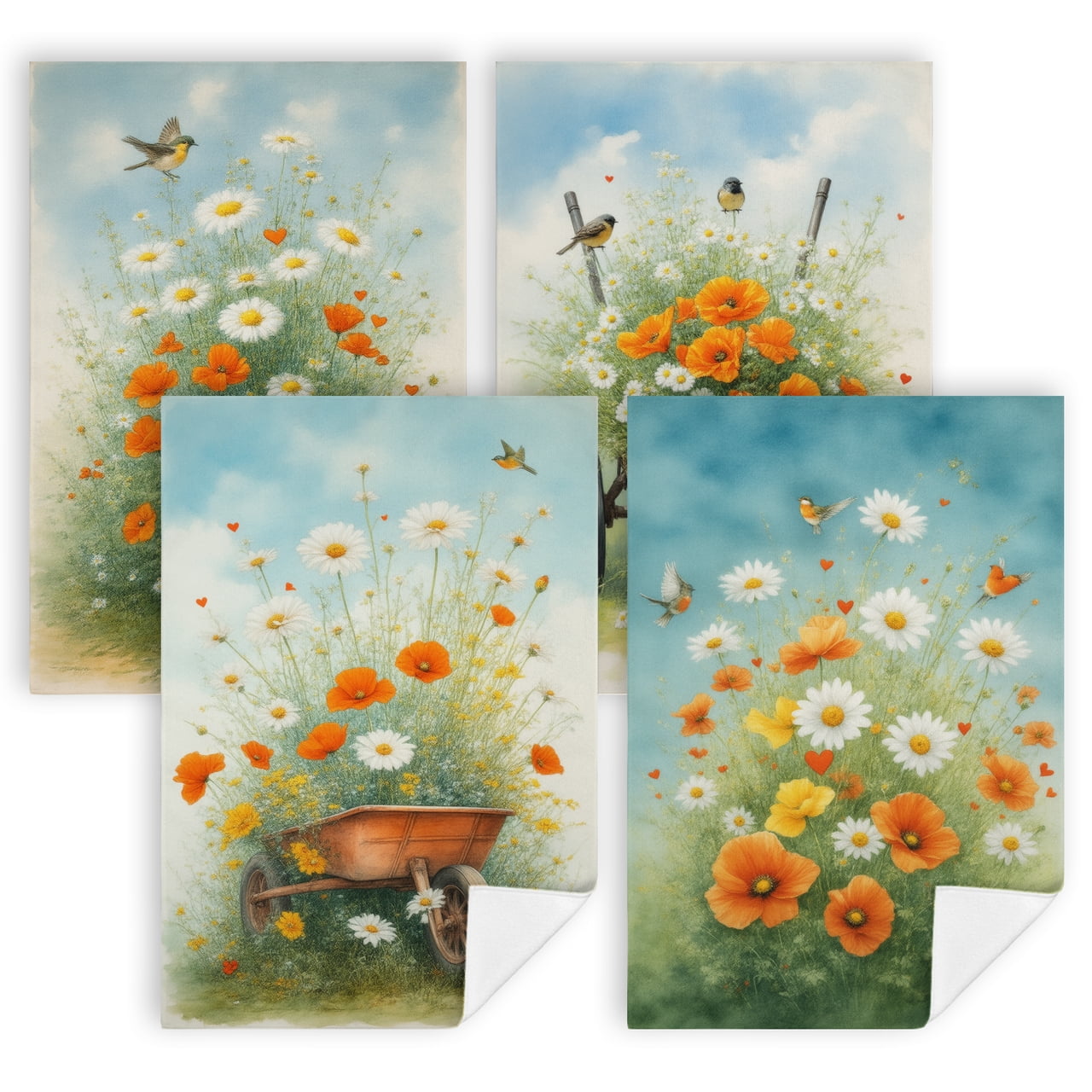 A painting of a bird flying over a field of flowerskitchen towles4 Pack ...