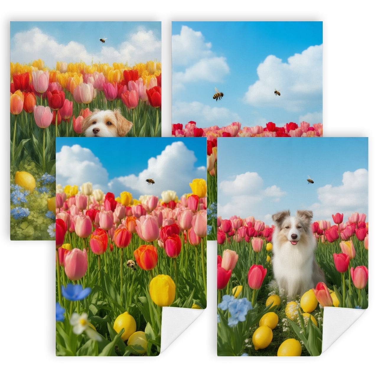 A painting of a dog in a field of flowers and lemonshand towels4 Pcs ...