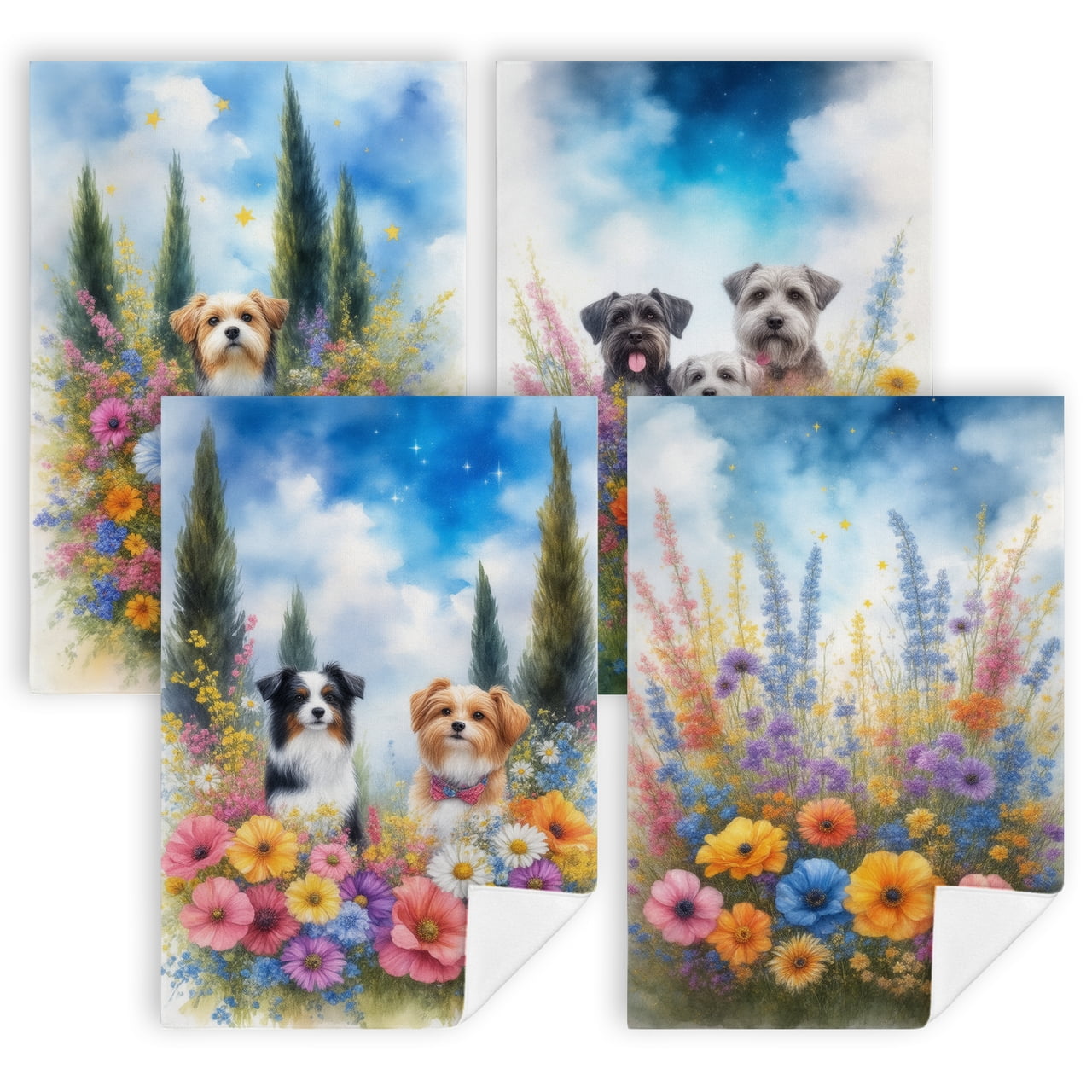 A painting of a dog sitting in a field of flowerskitchen towles4 Piece ...