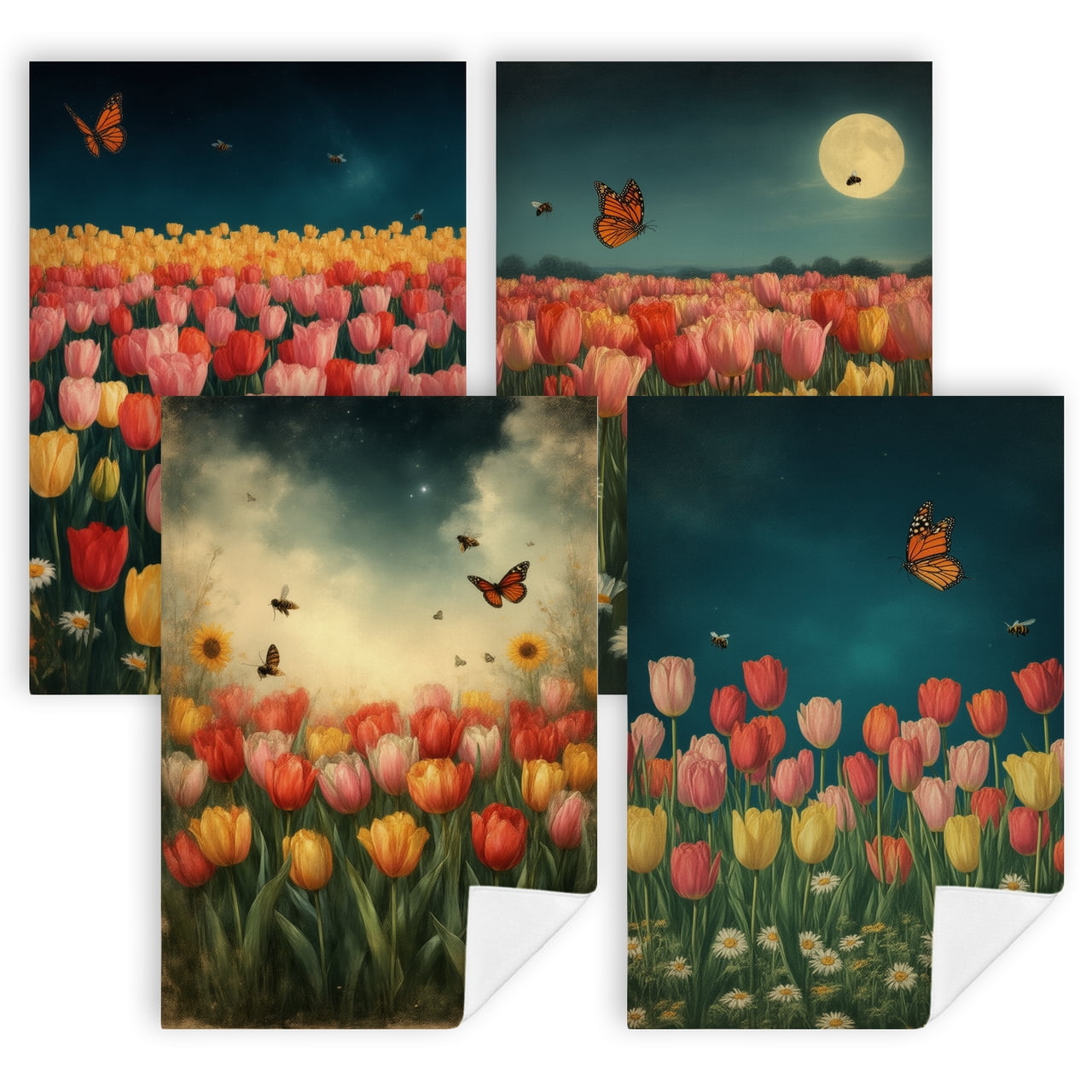 A painting of a field of flowers with a butterfly flying over itkitchen ...