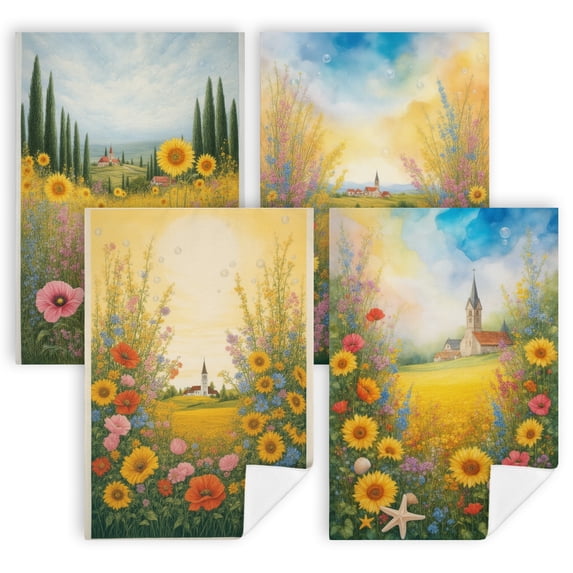 A painting of a field of flowers with a church in the backgroundkitchen ...