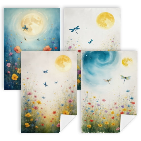A painting of a field of flowers with a full moon in the backgroundtea ...