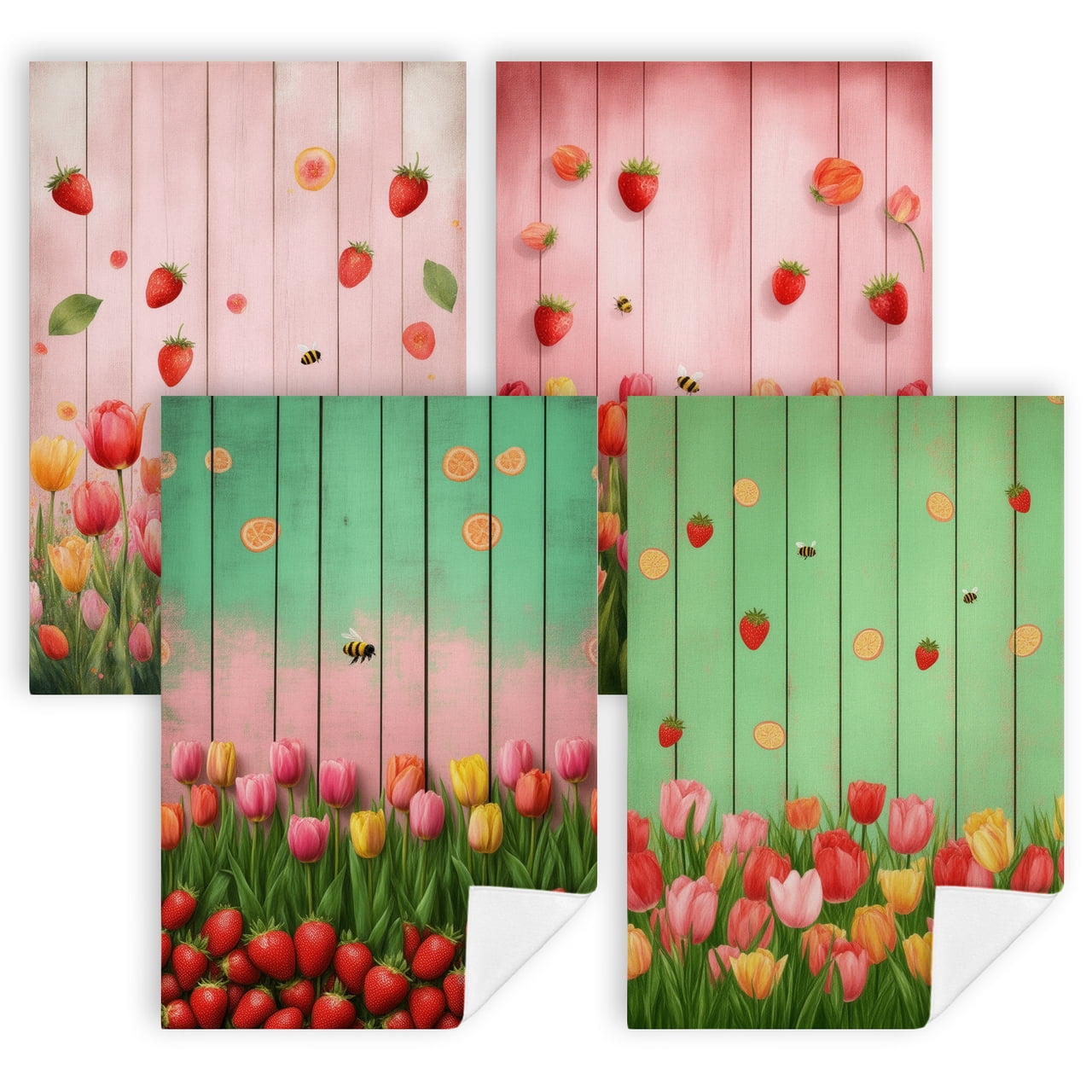 A painting of a field of flowers with strawberries and a beehand ...