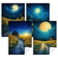 A painting of a field of sunflowers with a house in the ...