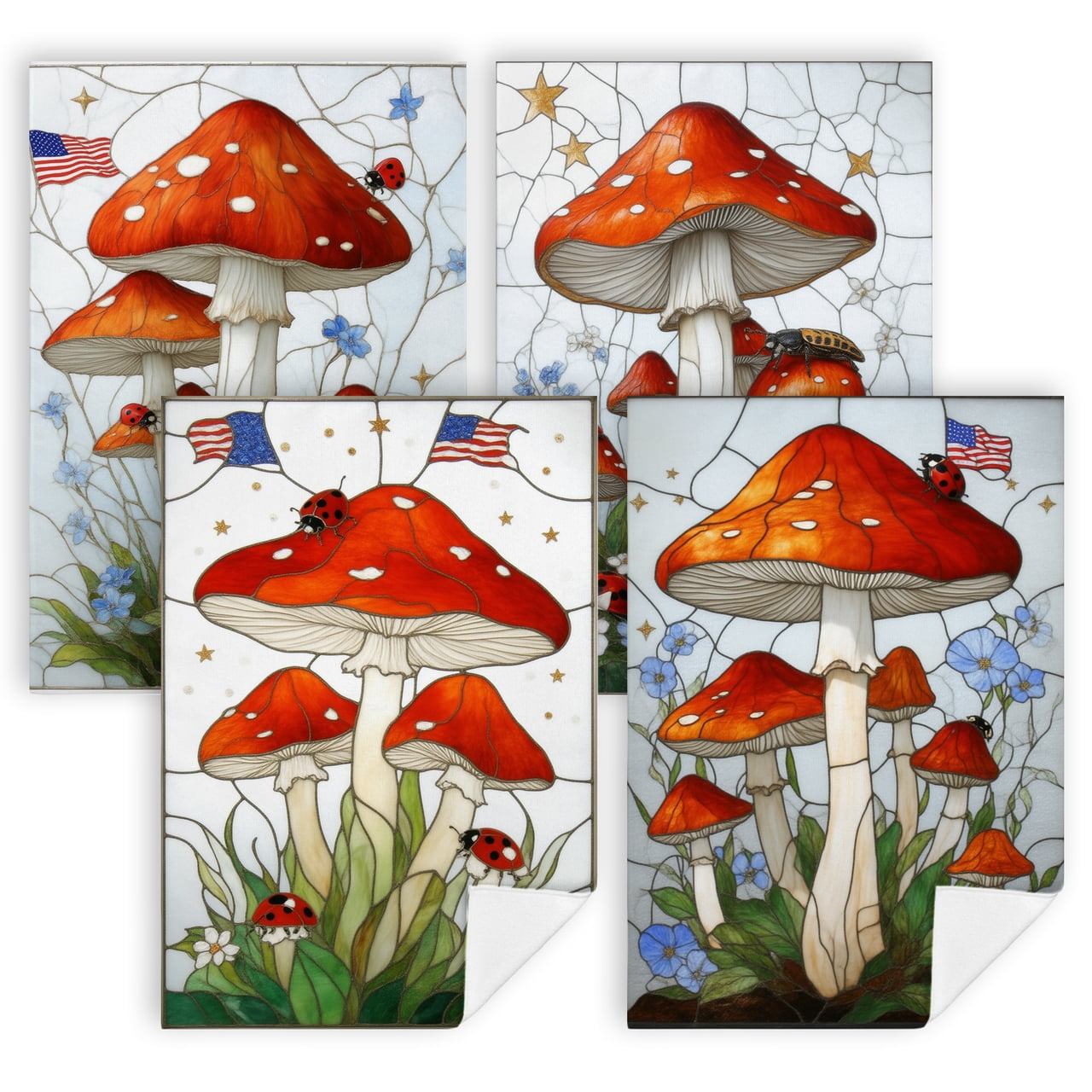 A painting of a group of mushrooms with ladybugs on themkitchen towel4 ...