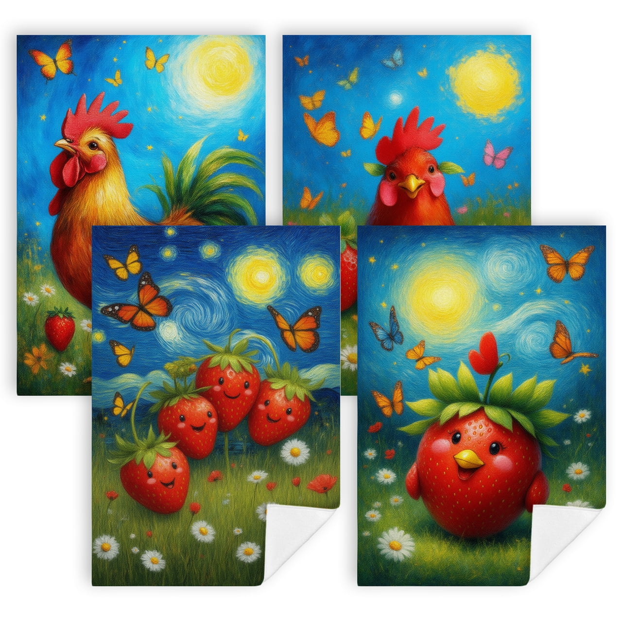 A painting of a rooster standing in a field of strawberriesquick dry ...