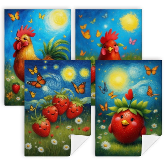 A painting of a rooster standing in a field of strawberriesquick dry ...