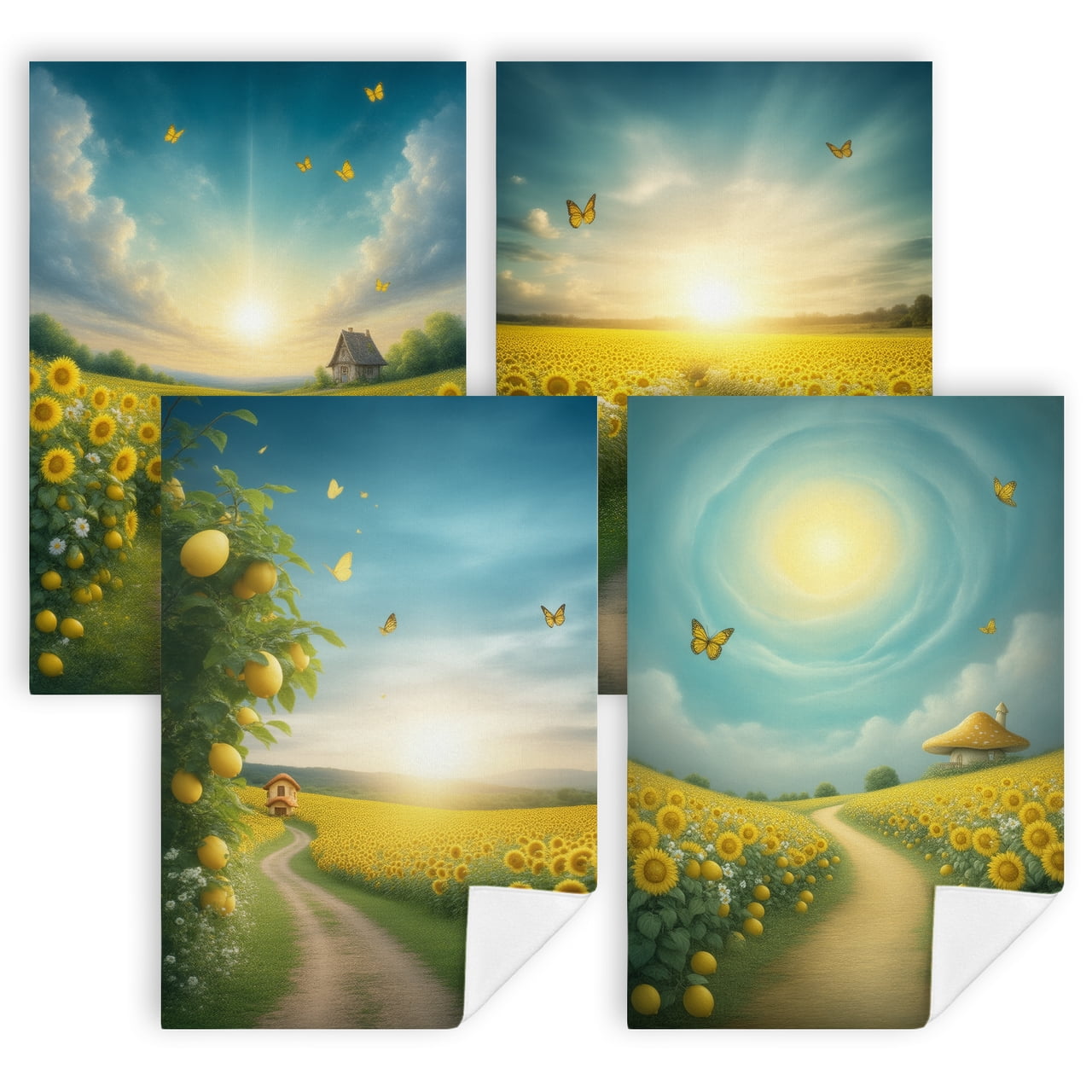 A painting of a sunflower field with a house in the distancetowelSet of ...