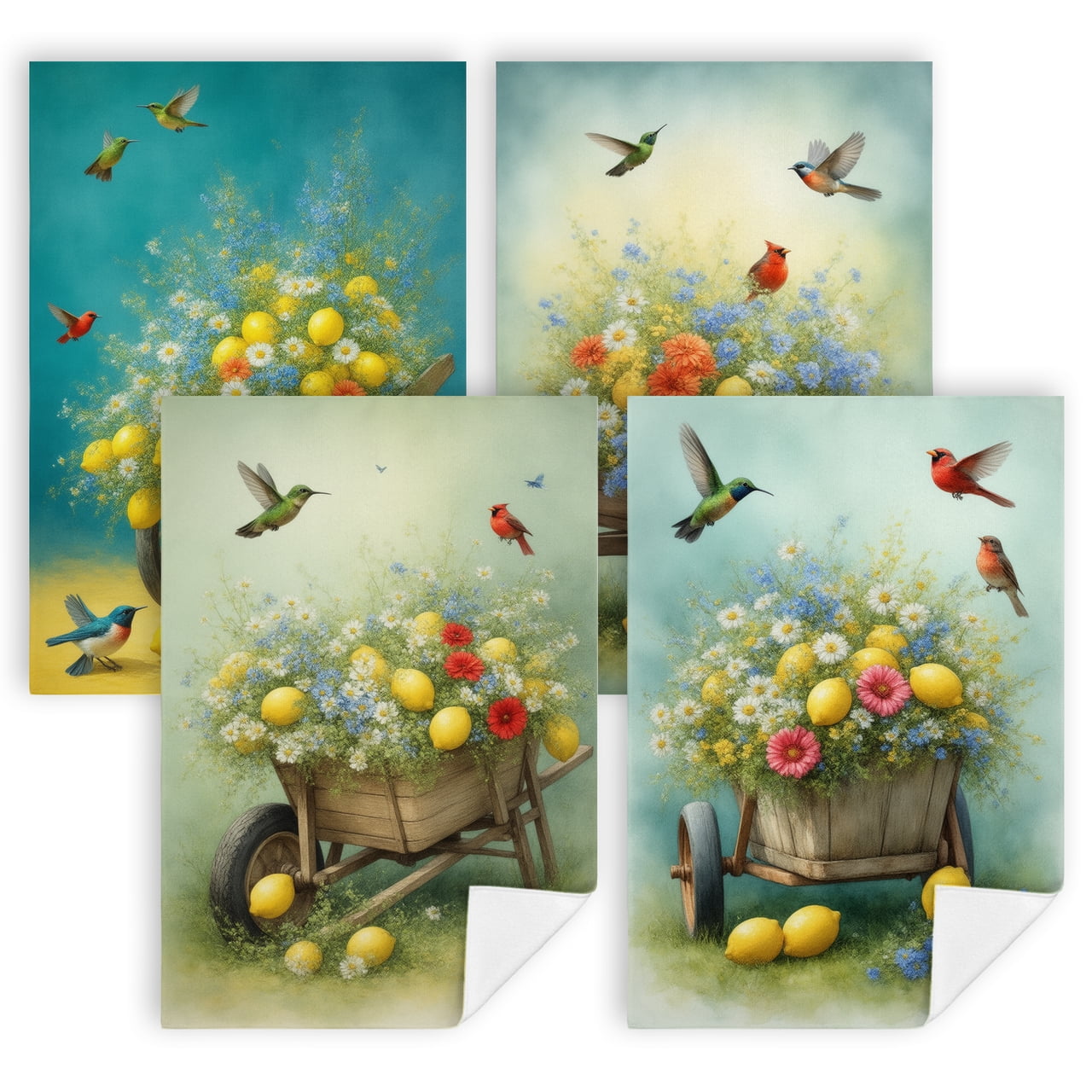 A painting of a wheelbarrow full of lemons and flowers with birds ...