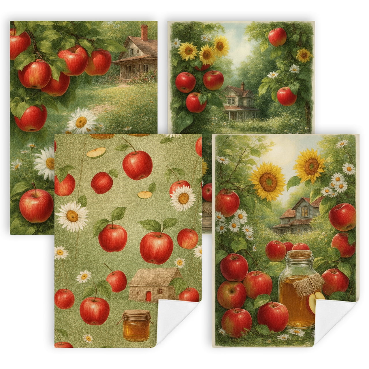 A painting of apples hanging from a tree next to a jar of honeydish ...