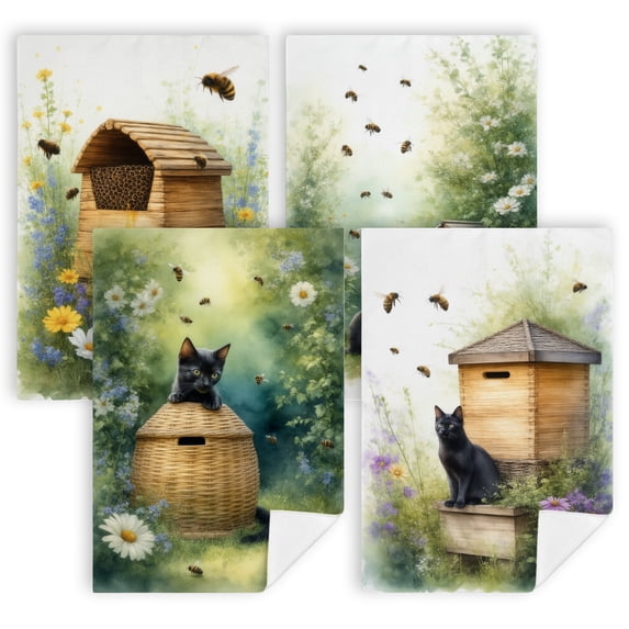 A painting of bees flying around a beehive in a field of flowerskitchen ...