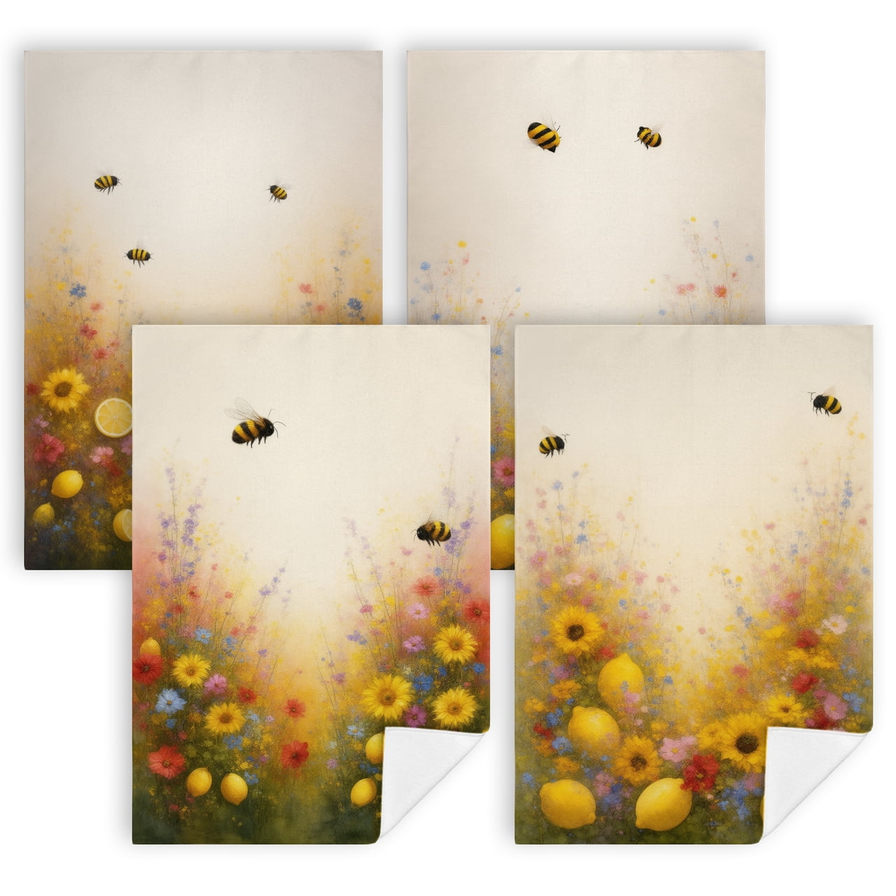 A painting of bees flying over a field of flowers and lemonstea towels4 ...