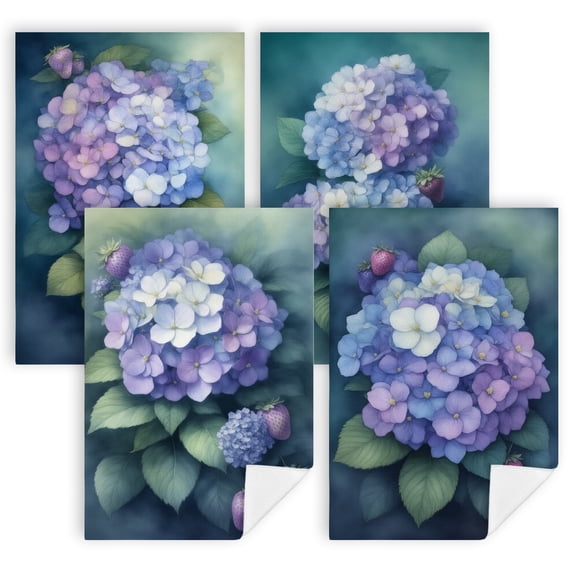 A painting of blue and purple flowers with strawberriestea towels4 Pack ...