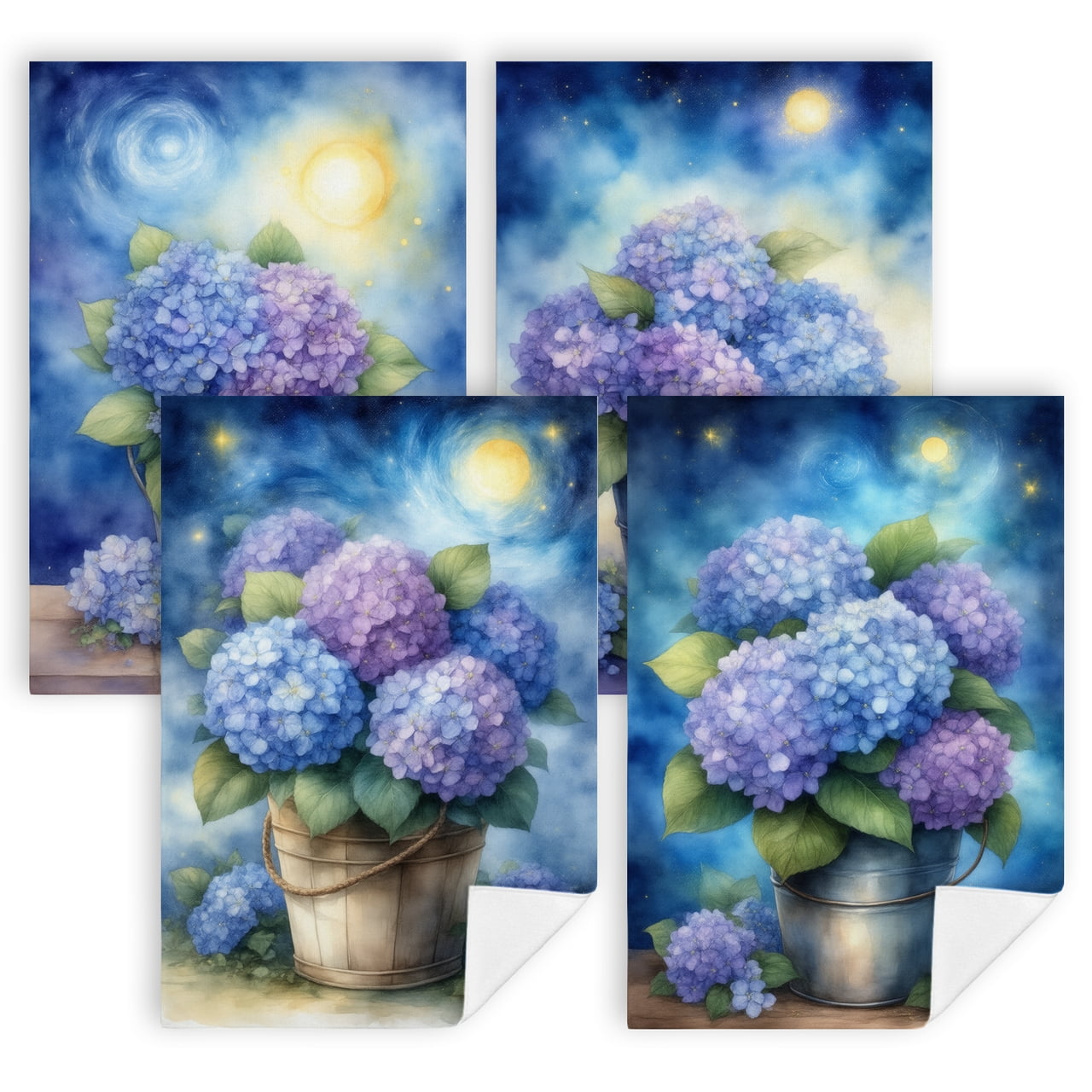 A painting of blue hydrangeas in a bucket on a window sillhand ...