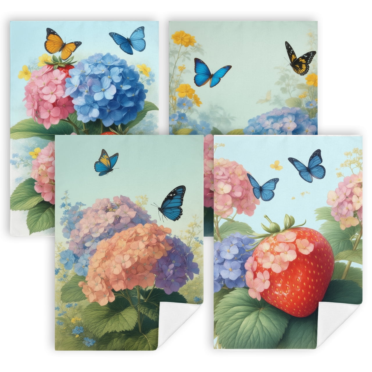 A painting of flowers and butterflies on a blue backgroundtea towels4 ...
