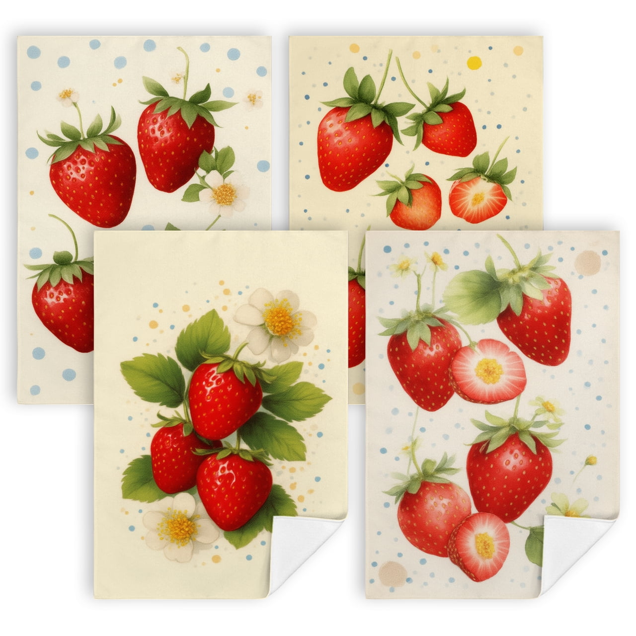 A painting of four strawberries on a polka dot backgroundtowels4 Pieces ...