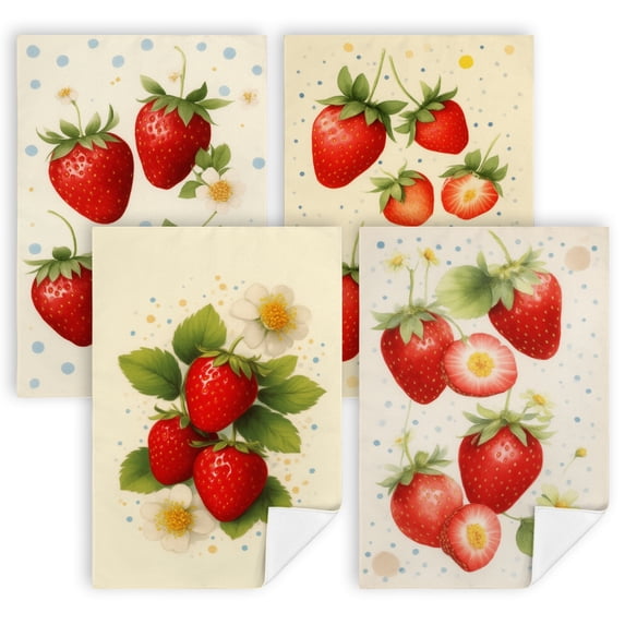 A painting of four strawberries on a polka dot backgroundtowels4 Pieces ...