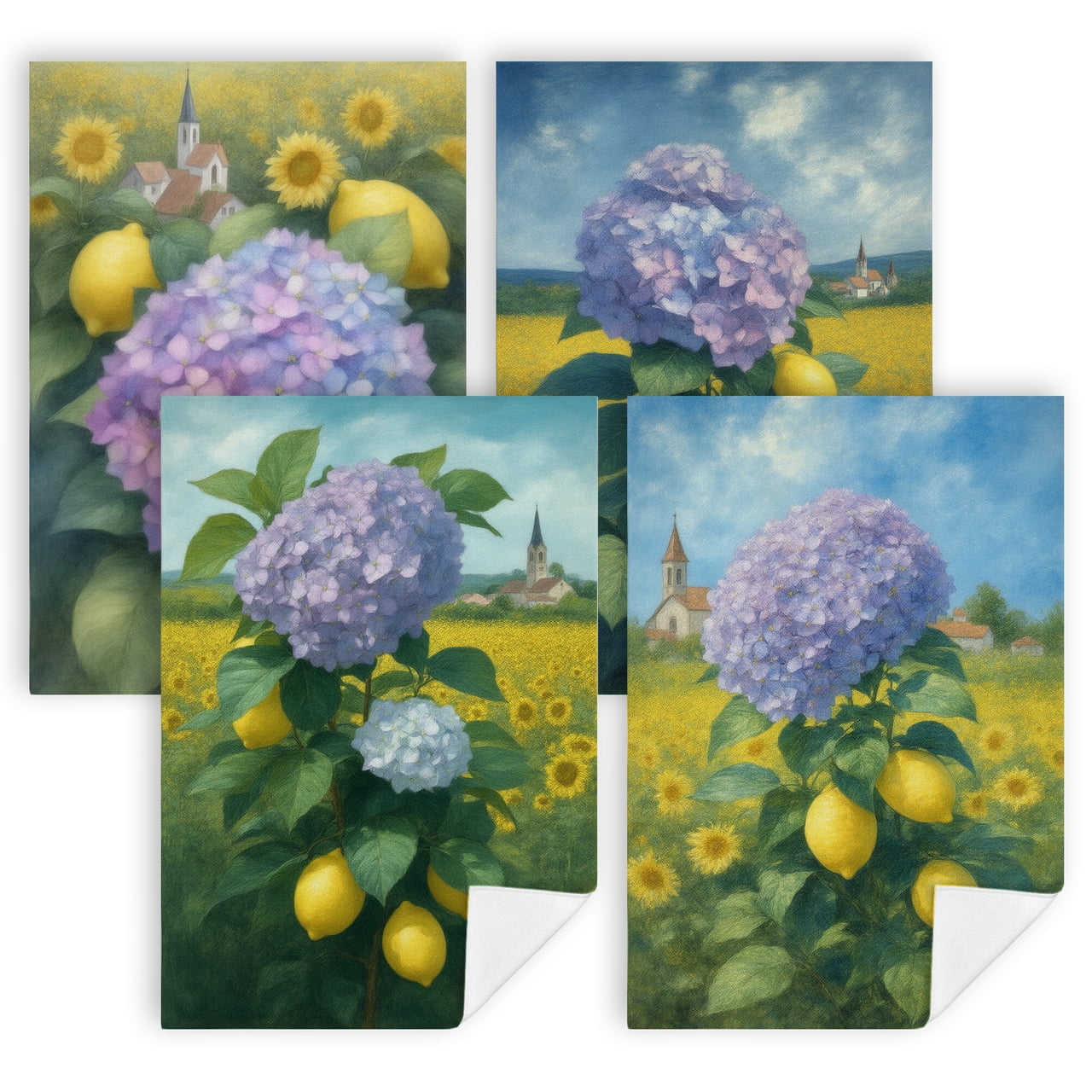 A painting of hydrangeas and lemons in a field of sunflowerskitchen ...