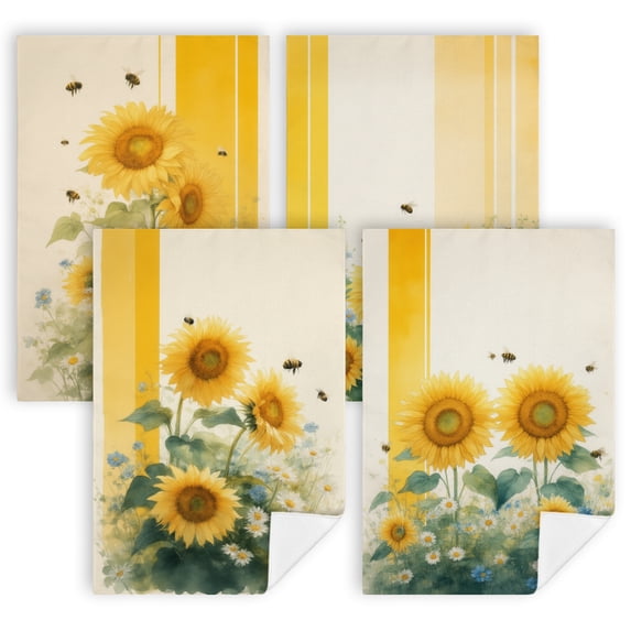 A painting of sunflowers and bees flying around themdish towels4 PC ...