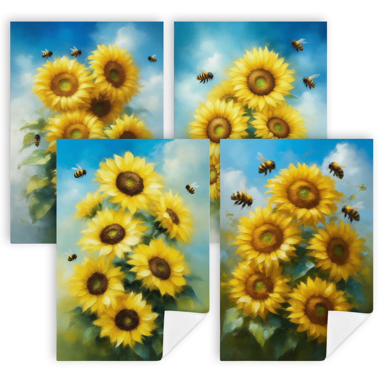 A painting of sunflowers and bees flying in the skykitchen dish towels4 ...