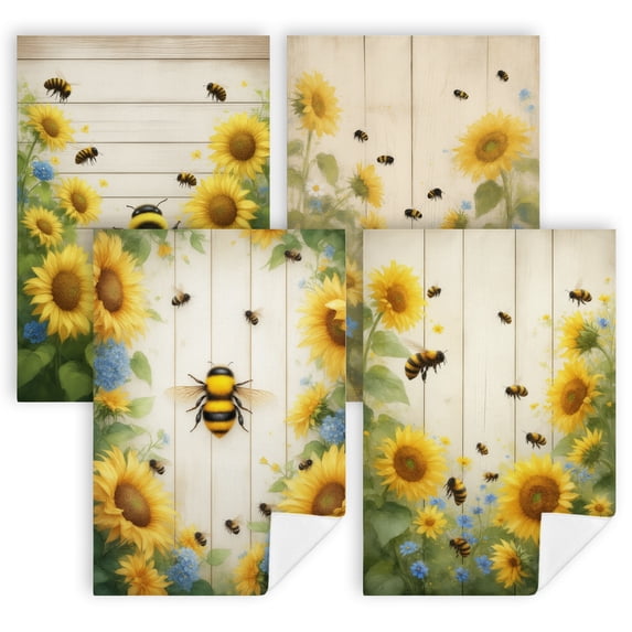 A painting of sunflowers and bees on a wooden backgroundkitchen towel4 ...
