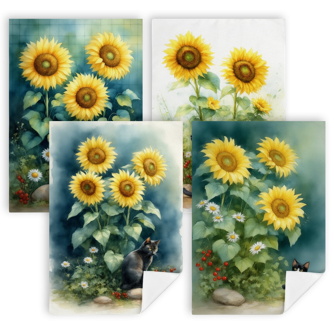 A painting of sunflowers and daisies in a gardendishtowels4-Pack 16 by ...