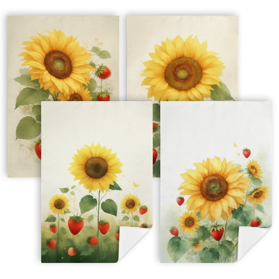A painting of sunflowers and strawberries on a white backgroundtowel4 ...