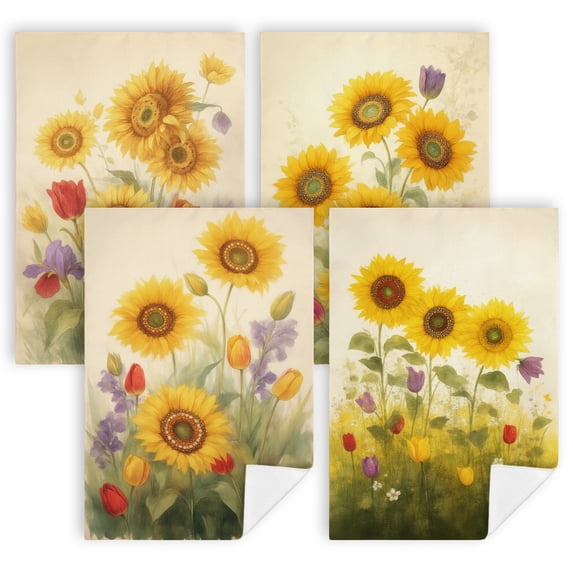 A painting of sunflowers and tulips in a vase on a tablekitchen dish ...