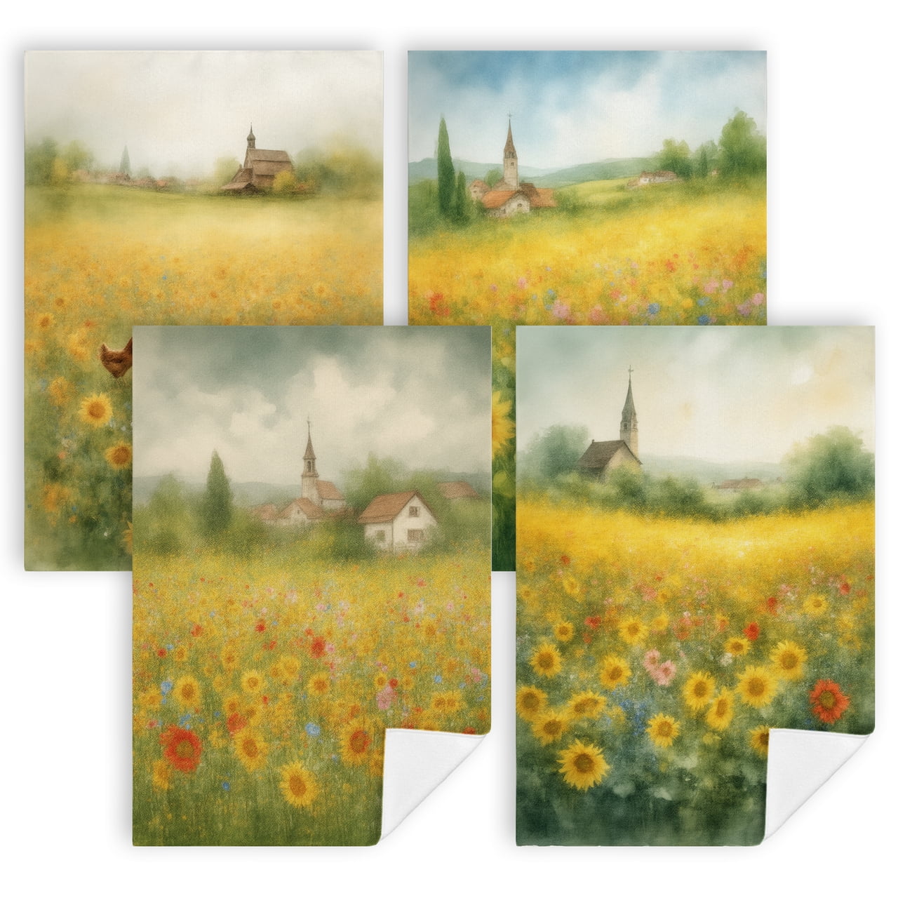 A painting of three chickens in a field of sunflowerskitchen towelsSet ...