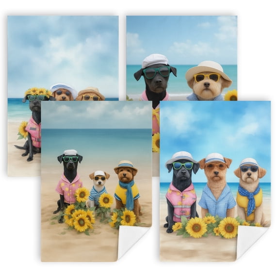 A painting of three dogs wearing sunflowers on the beachtea towels4 ...
