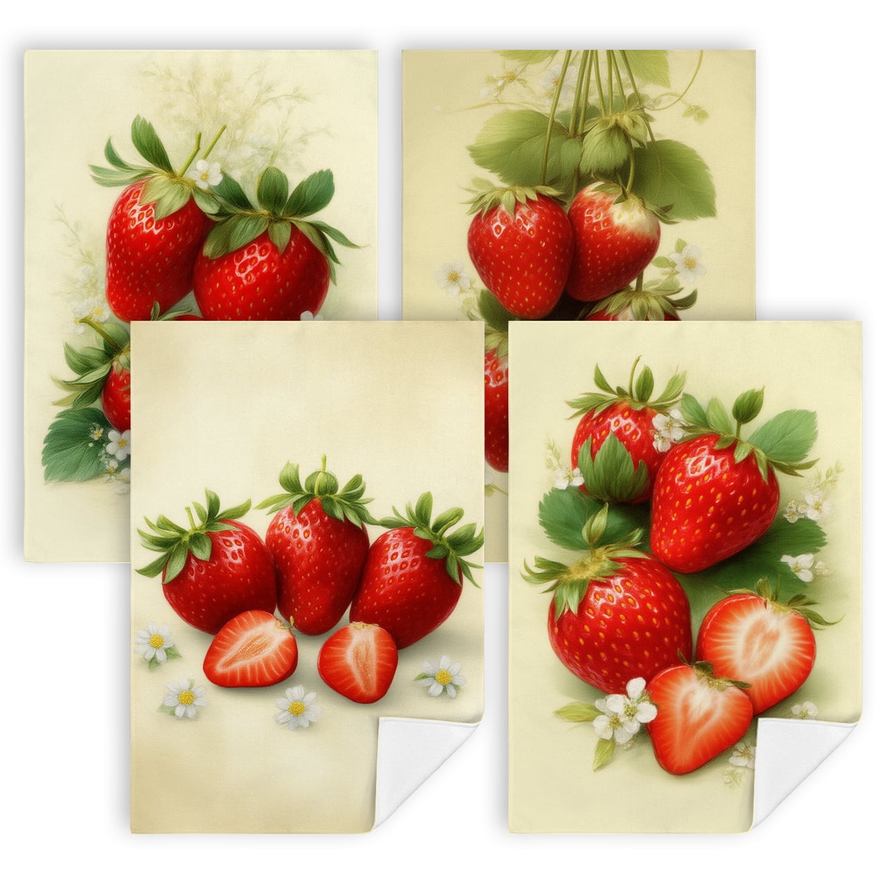 A painting of three strawberries with leaves and flowersdish towels4 ...