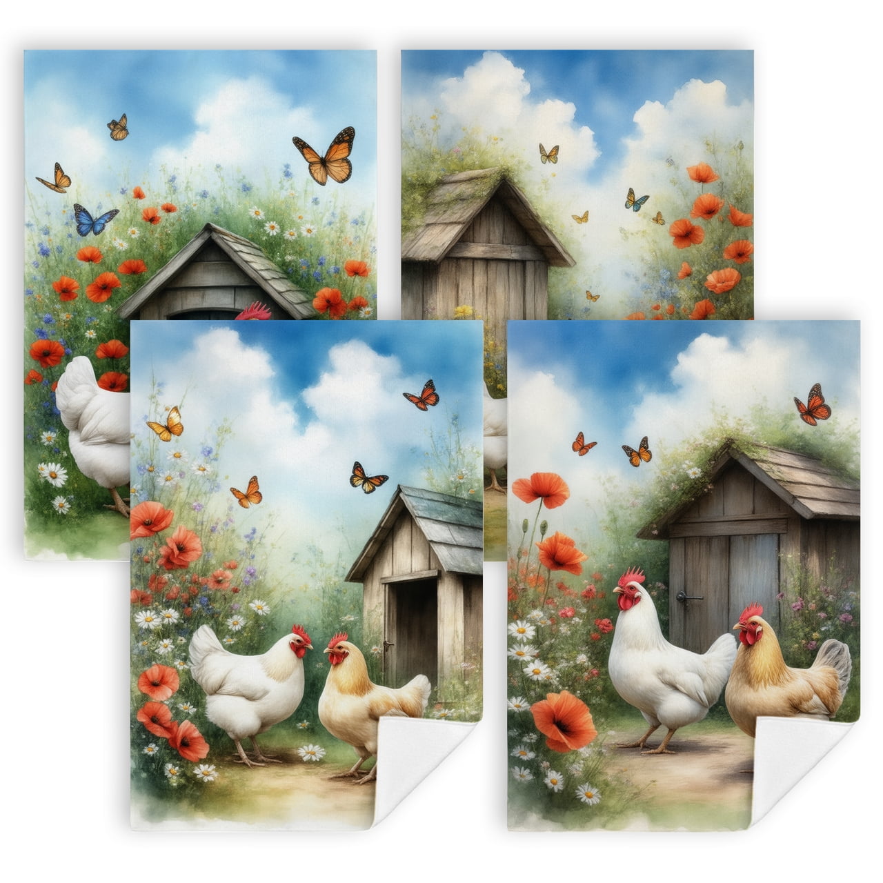 A painting of two chickens standing in front of a doghousetea towels4 ...