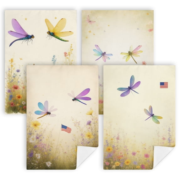 A painting of two dragonflies flying over an american flag in a field ...
