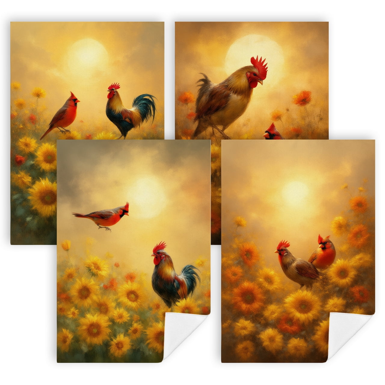 A painting of two roosters and a cardinal in a field of sunflowerstea ...