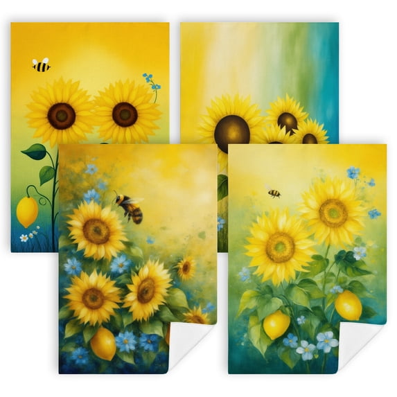 A painting of two sunflowers and a bee on a yellow backgroundkitchen ...