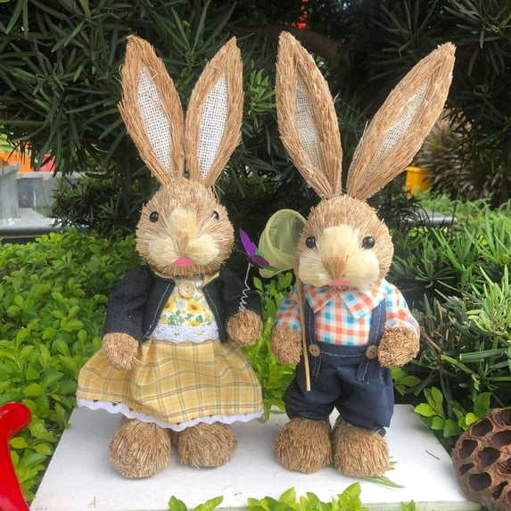 【A pair of 35cm straw rabbits】Handmade crafts, pastoral style ornaments ...
