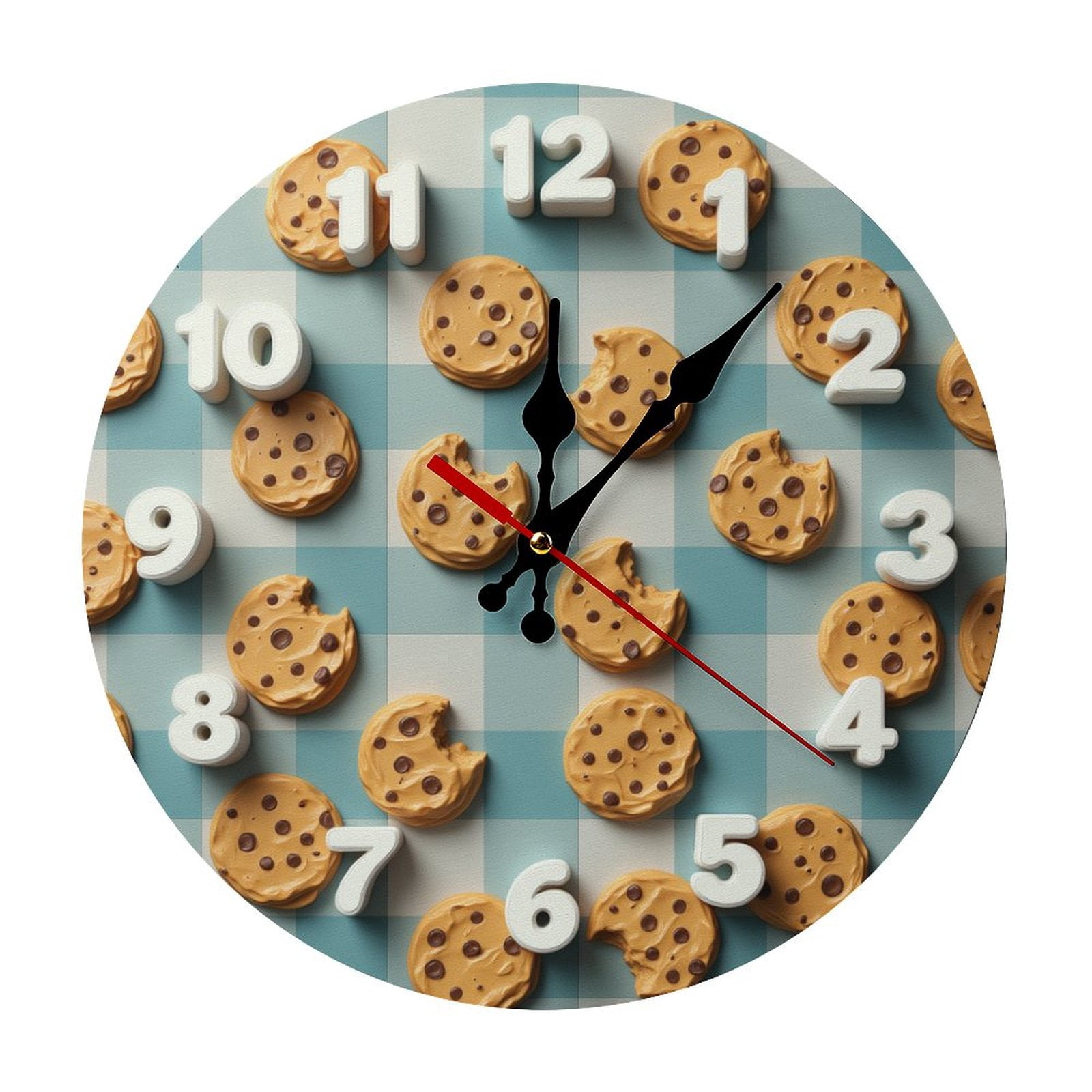 A pattern of chocolate - chip cookies on a blue - checkered background ...