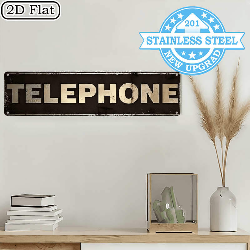 A rectangular stainless steel plaque labeled "TELEPHONE". It can be ...