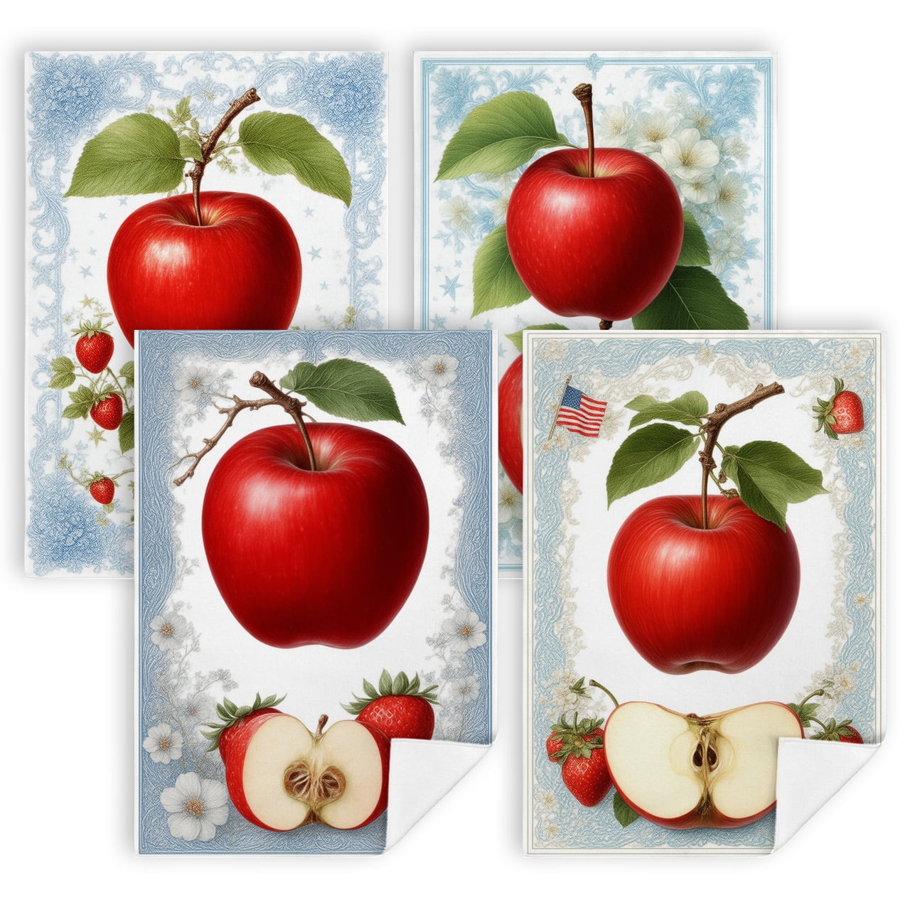 A red apple with a half eaten apple on a branchdish towelsSet of 4 ...