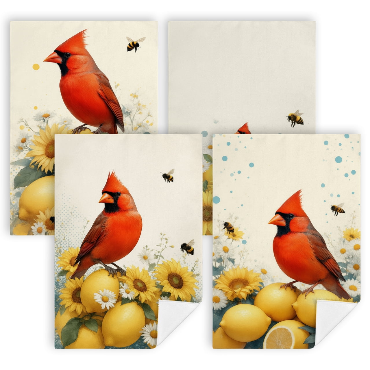 A red bird sitting on top of a bunch of lemonskitchen dish towels4 ...