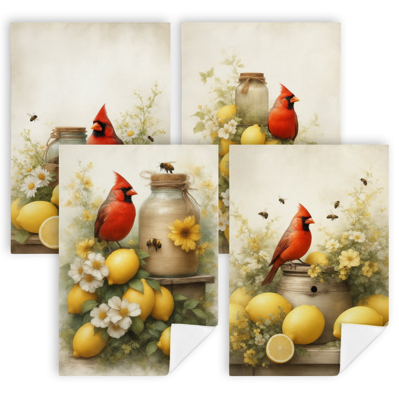 A red bird sitting on top of a pile of lemonstowelsSet of 4 16x24 in ...