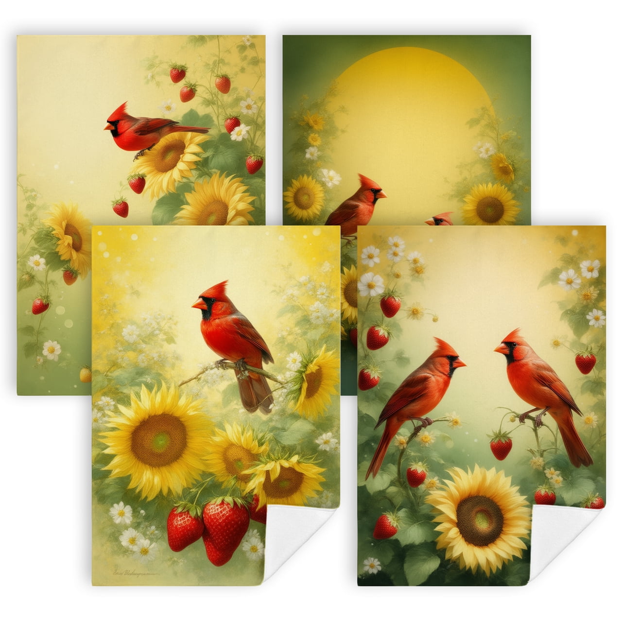 A red bird sitting on top of a sunflower fielddish towelsSet of 4 16x24 ...