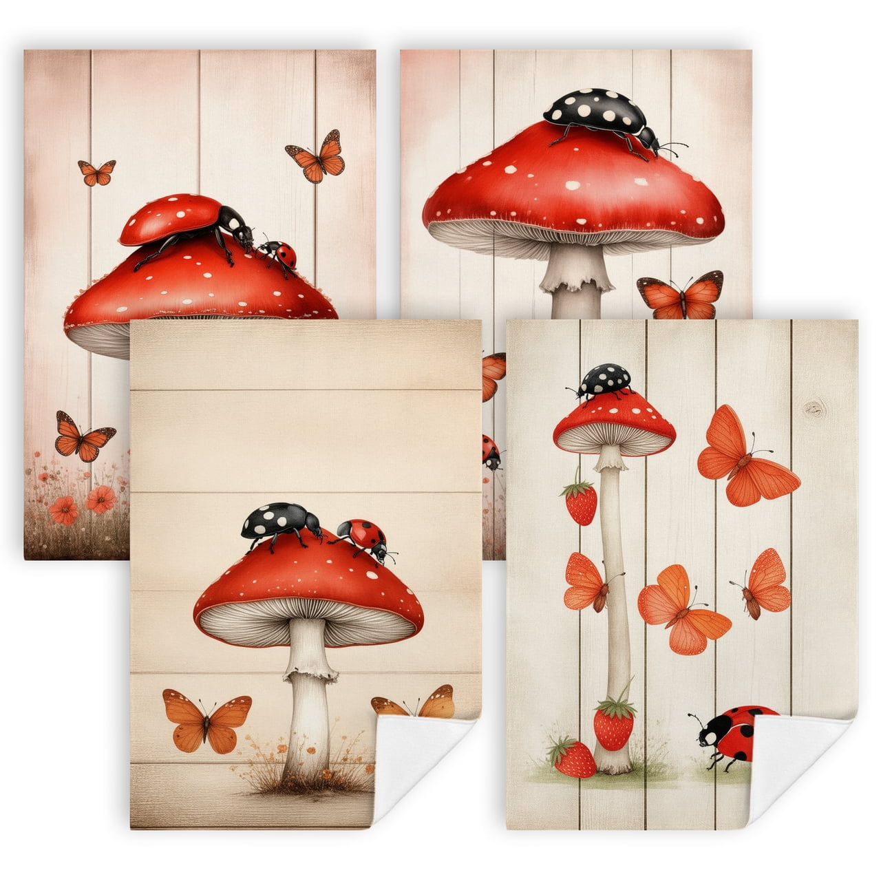 A red mushroom with two ladybugs sitting on top of itkitchen towelPack ...