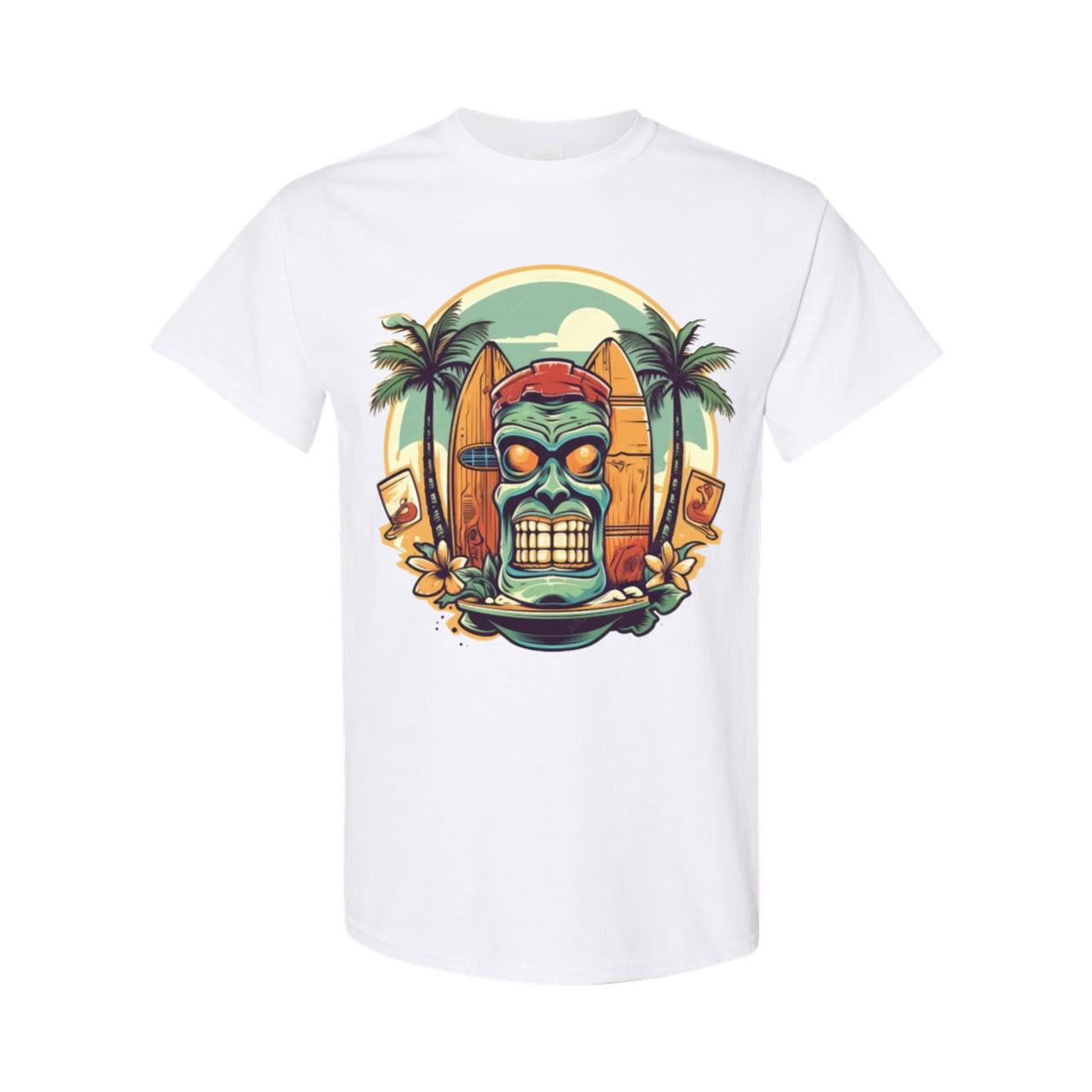 A retro-inspired tiki crew beach bar t-shirt with a stylized tiki face ...