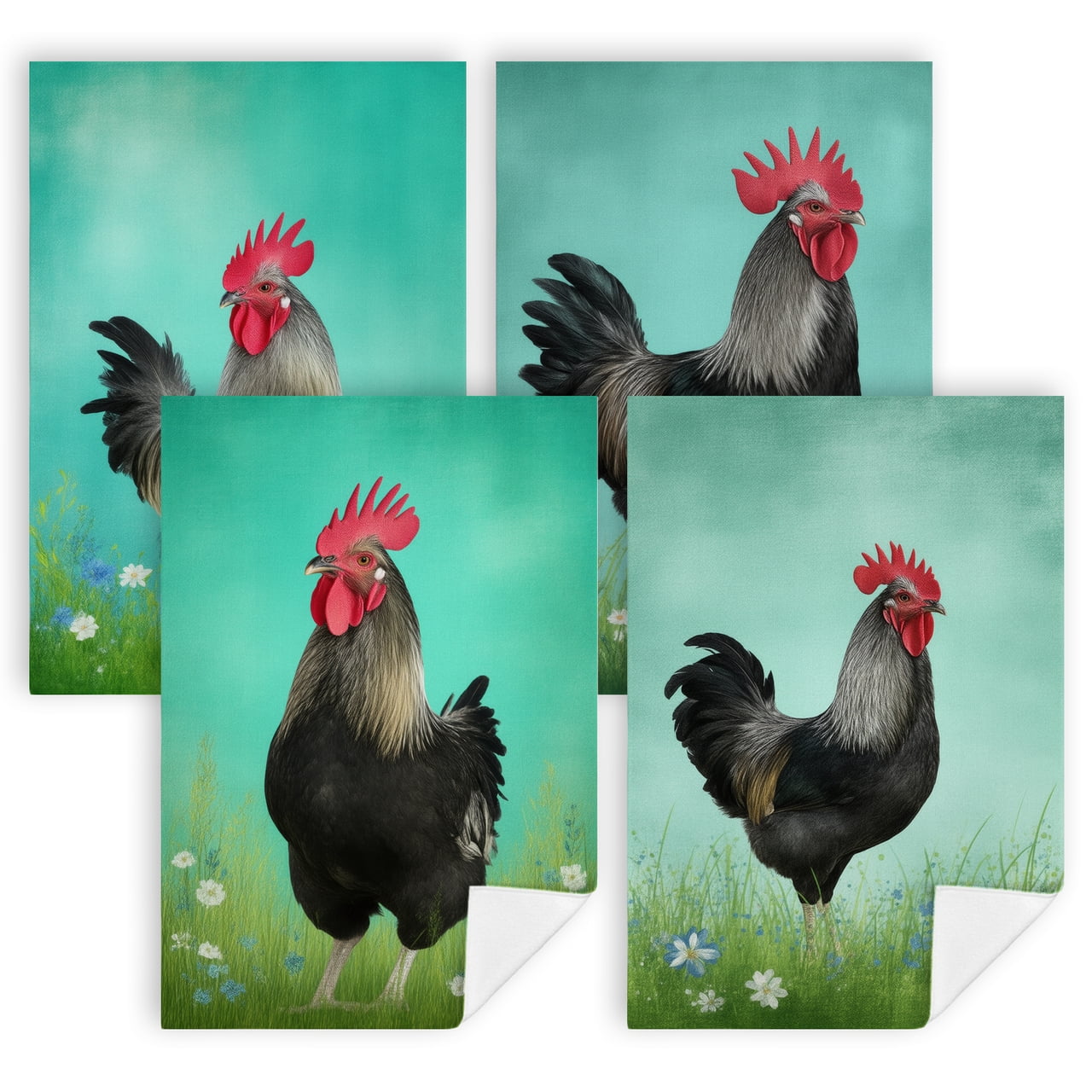 A rooster standing in a field of flowerstea towelsSet of 4 16x24 Inch ...