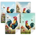 A rooster standing on top of a wooden fence in a field of ...