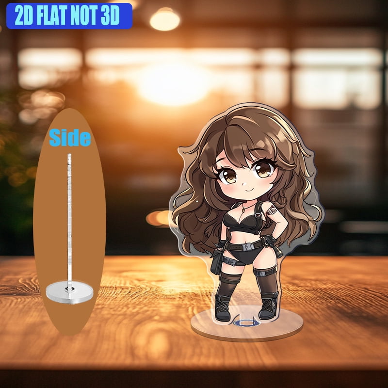 A rotating acrylic display features a chibi waifu with brown wavy hair ...